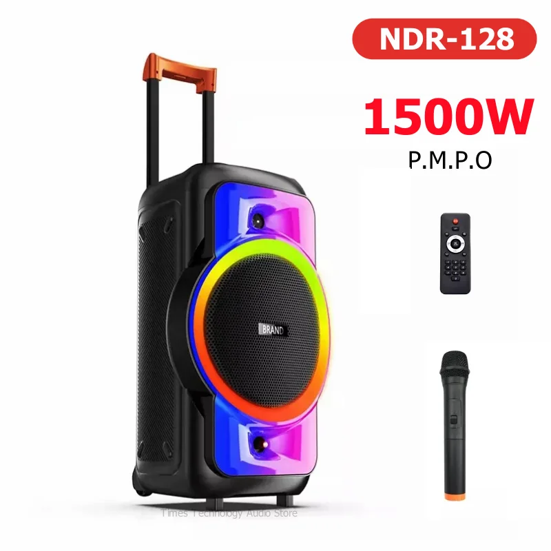 NDR 128 충전식 야외 RGB 조명 노래방 DJ 파티 트롤리 블루투스 스피커, 무선 마이크 포함, 1500W 피크 전력 ...