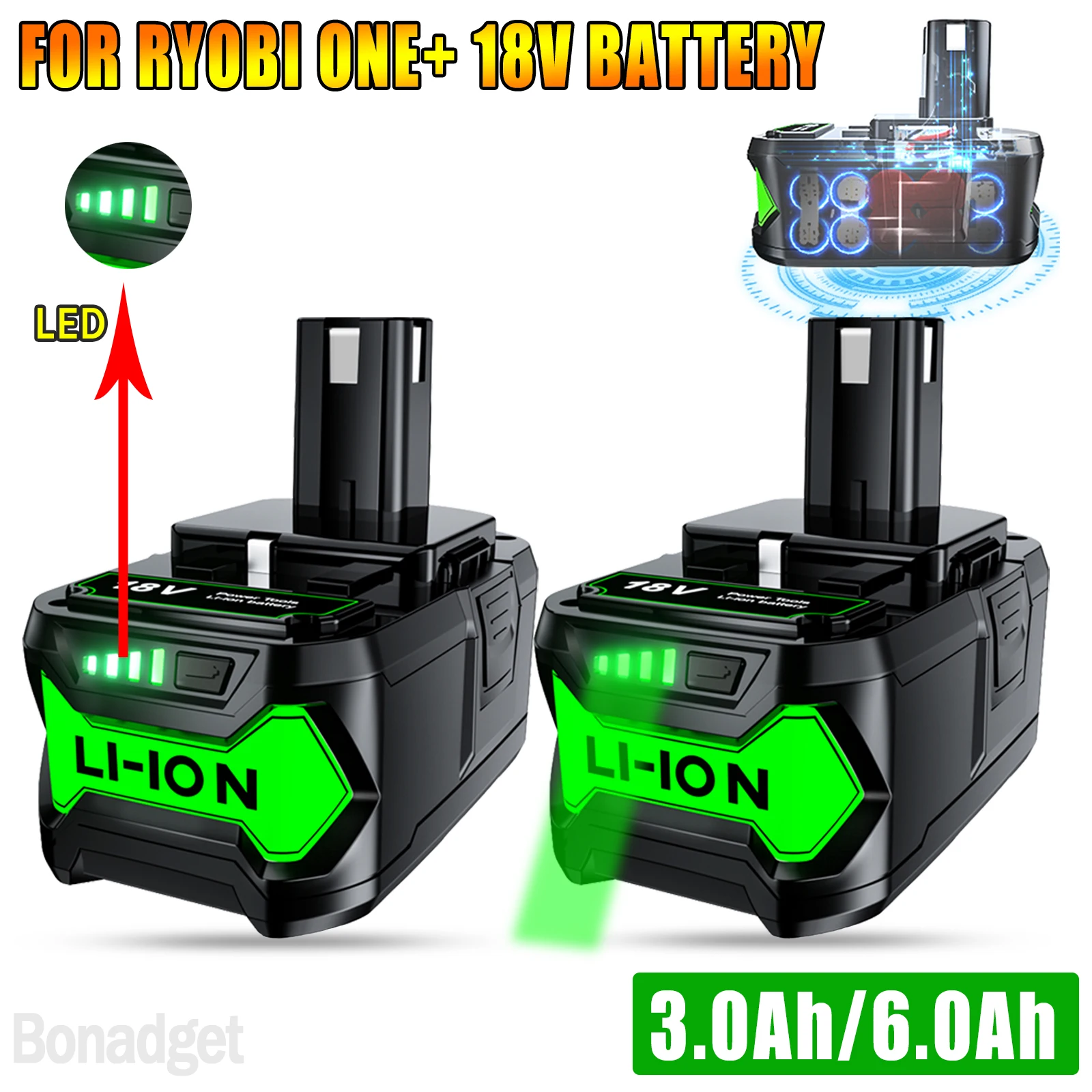 Bonadget-3-0Ah-6-0Ah-Replacement-Battery-for-Ryobi-18V-Li-Lon-Battery ...