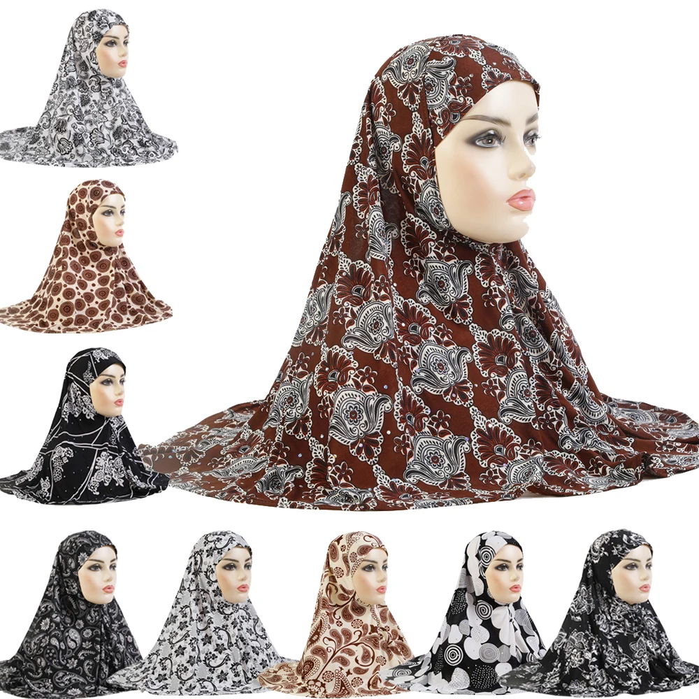 Muslim Women Hijabs Print Turban Pull On Ready Instant Scarf Full Cover