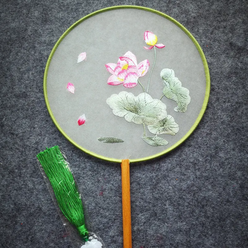 Chinese-Style-Round-Silk-Fans-With-Tassels-Lotus-Flower-Doube-Sided ...