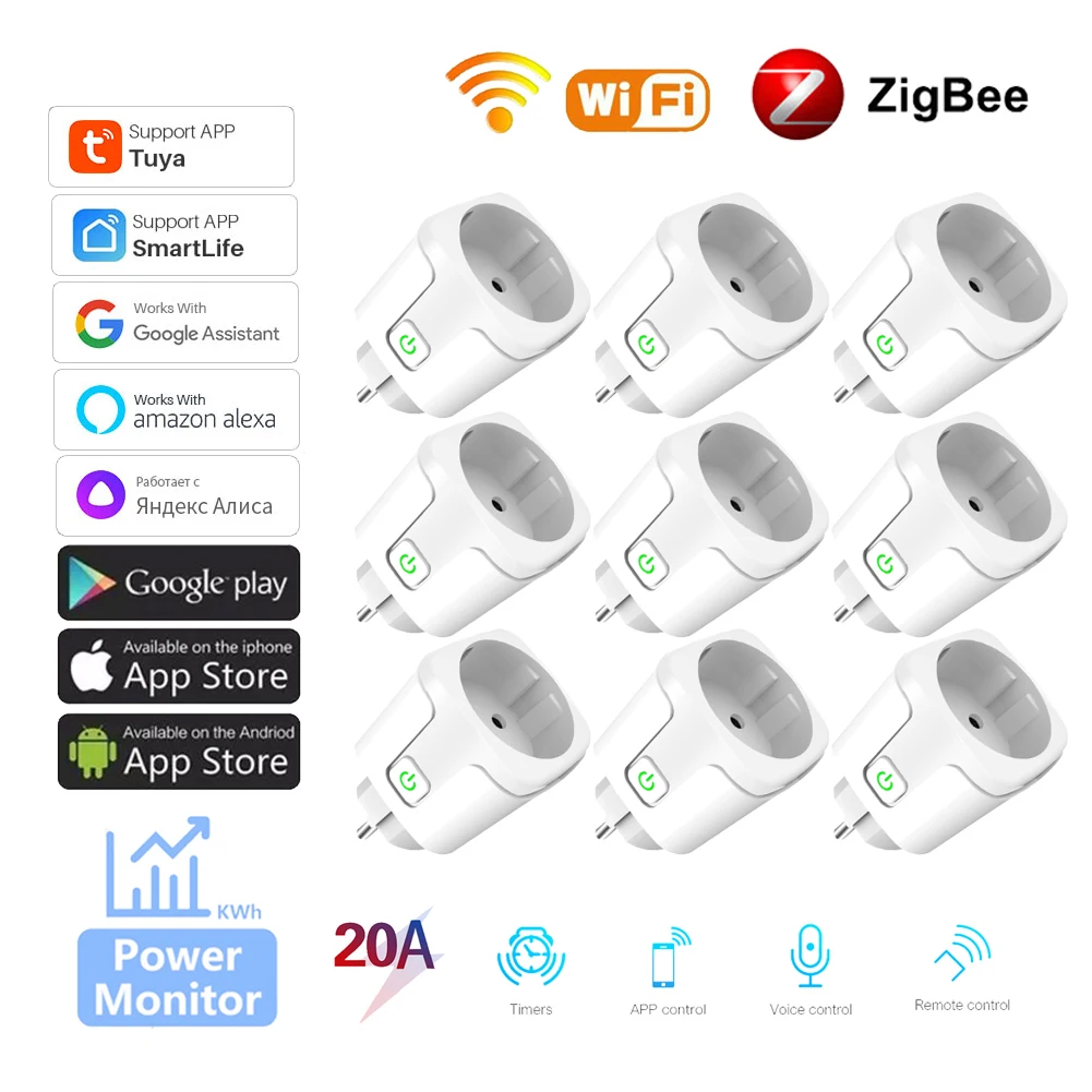 20A Zigbee WiFi Smart Socket Tuya Smart Life Timing EU Plug With Power ...