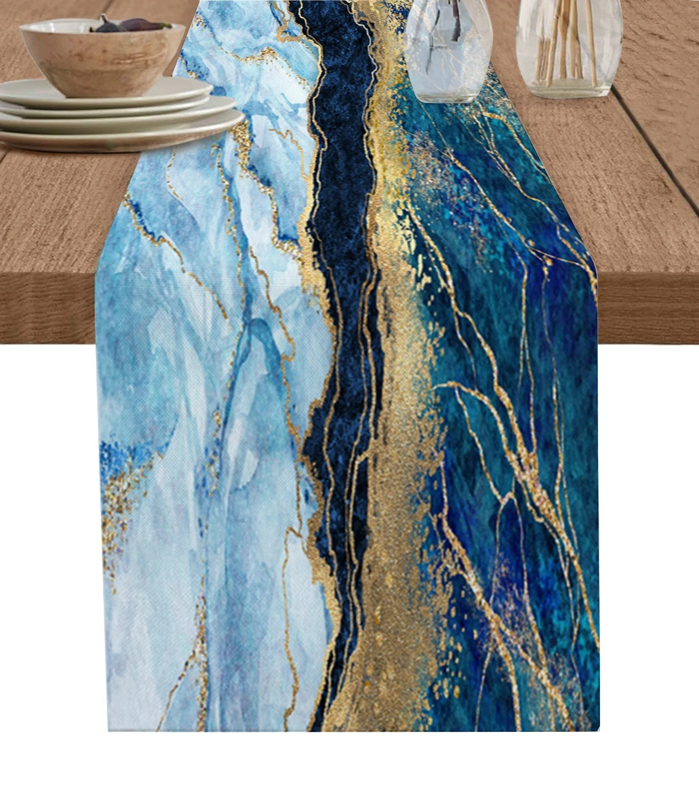 Abstract-Blue-Marble-Linen-Table-Runners-Wedding-Party-Decoration ...