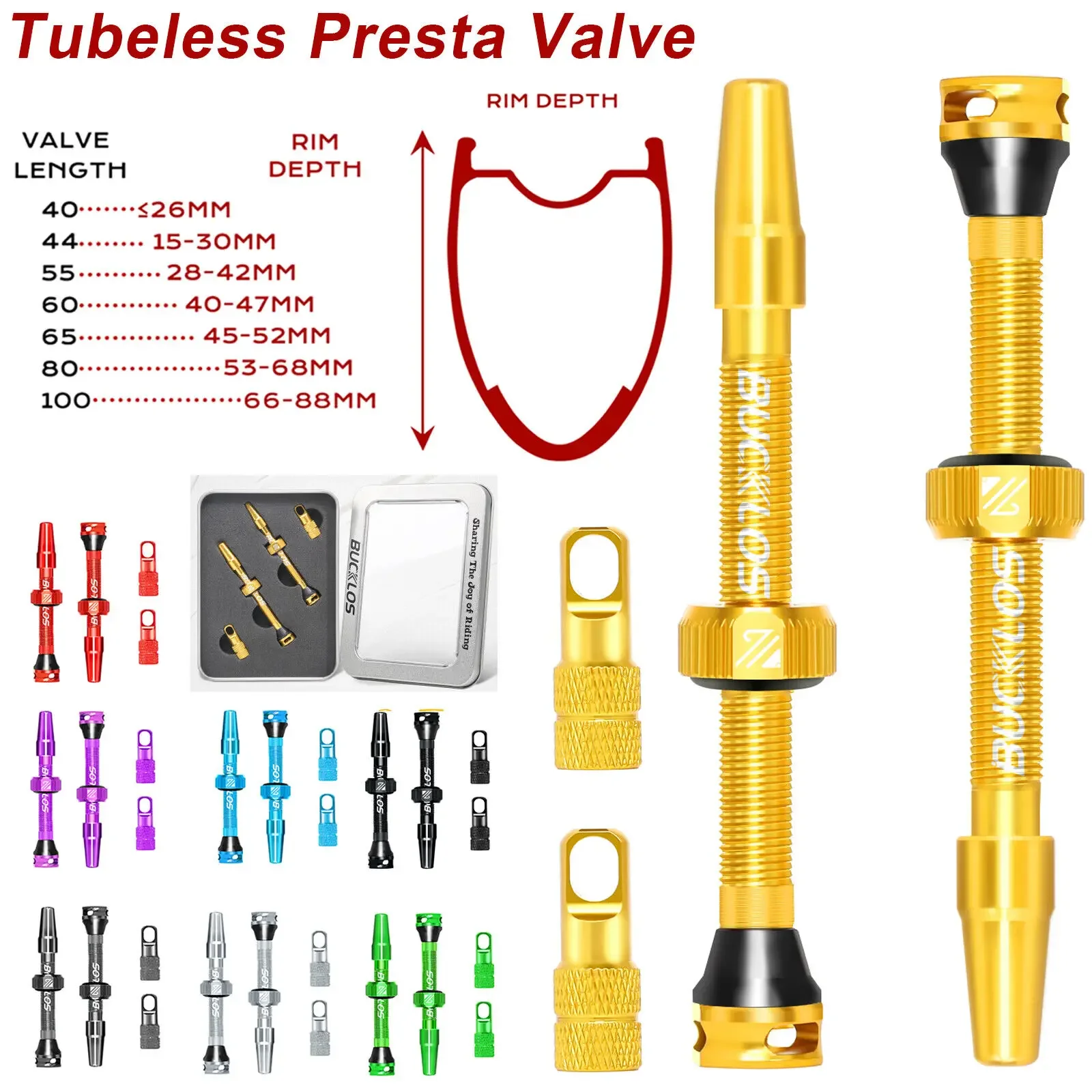 BUCKLOS Bike Tubeless Valve Stem 40 44 55 60mm 80 100mm Presta Valve ...