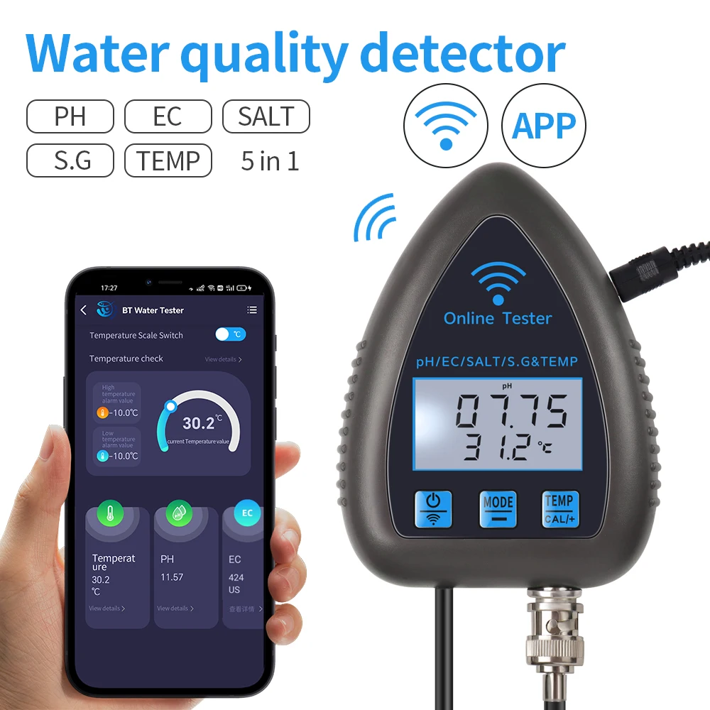 WiFi 5 in 1 Water Quality Tester Monitor PH/TDS/TEMP/EC/SG/Salinity ...