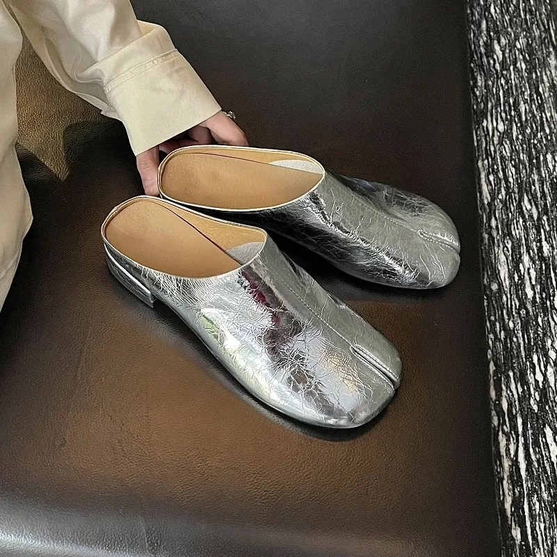 Woman-Silver-Mules-Splite-Toe-Flats-Spring-Simple-Shoes-Basic-Style ...