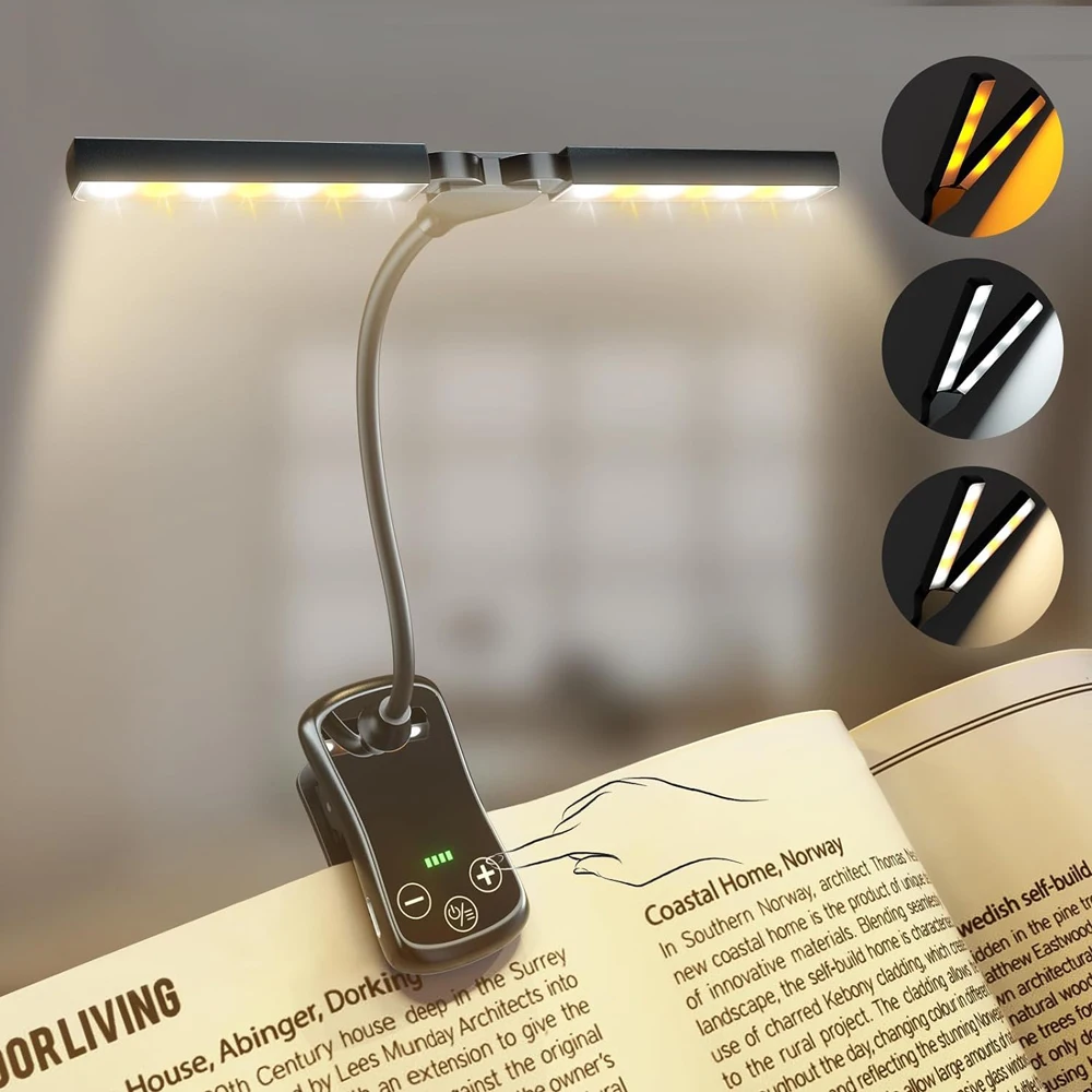 14-LED-Clip-on-Book-Light-Dual-Heads-3-Colors-8-Brightness-USB ...
