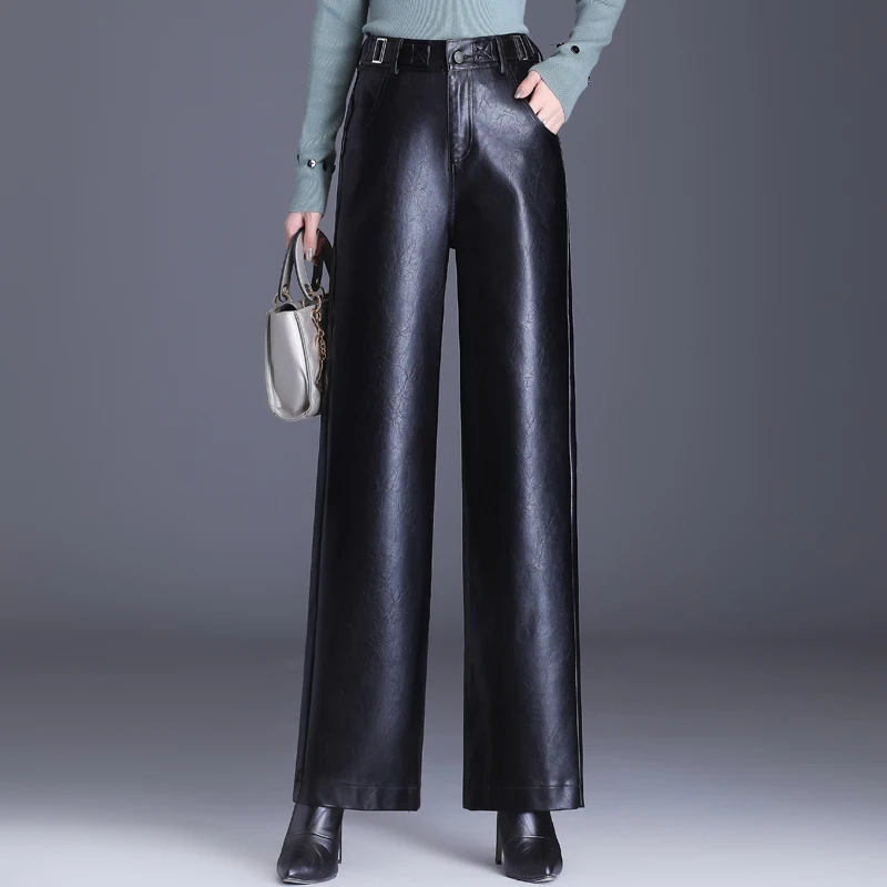 Women Wide Leg PU Leather Pants Autumn Winter Fashion Warm Long Pants ...