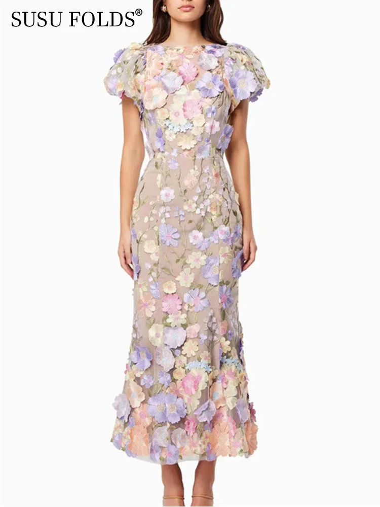 SUSU-Elegant-Bud-3D-Floral-Women-s-Dress-Slim-Waist-Round-Neck-Short ...