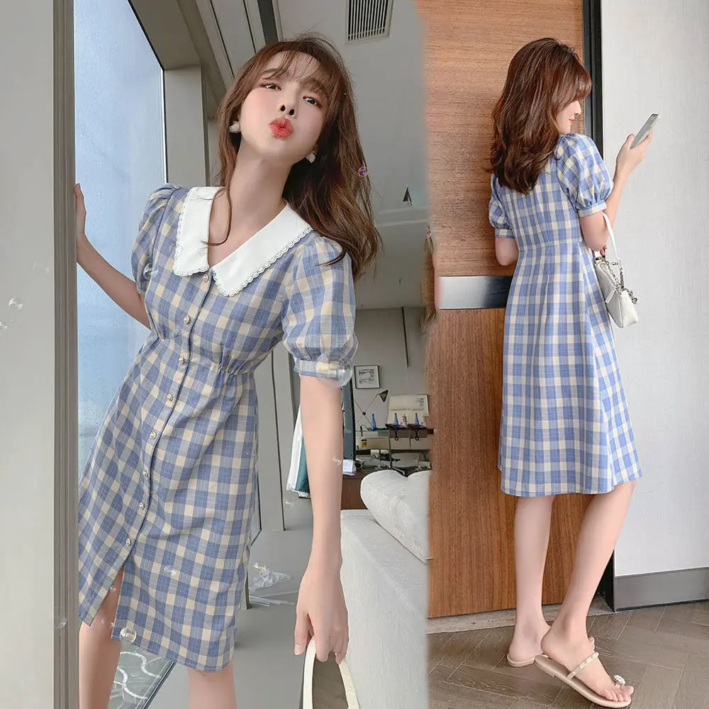 스트레이트 블루 여름 빛 드레스 격자 무늬 패션 2021 빈티지 리넨 한국어 플러스 크기 캐주얼 퍼프 슬리브 미디 루스 여성