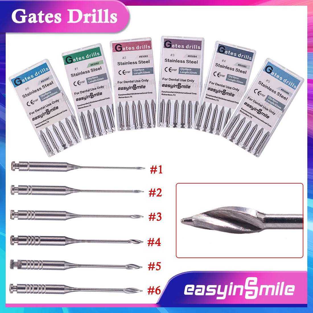 EASYINSMILE 6Pcs Dental Stainless Steel Gates Drills 1#-6# Endo Glidden ...
