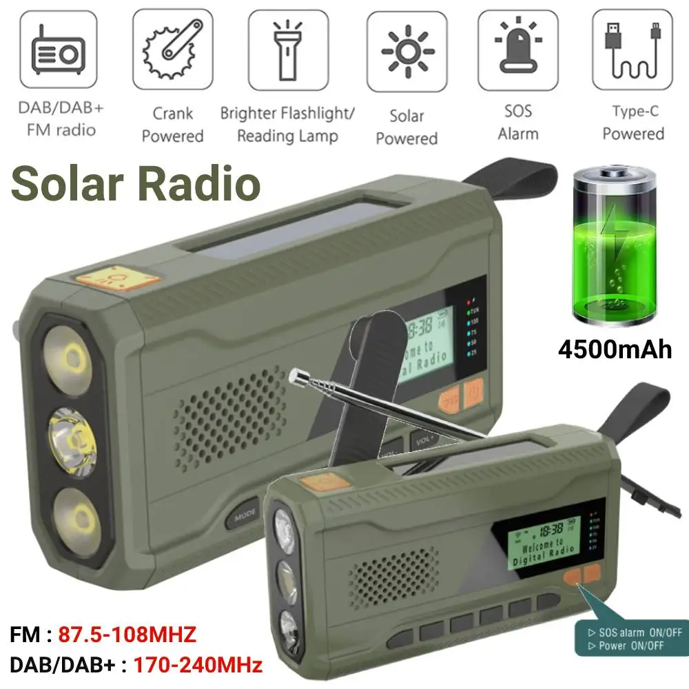 Solar DAB FM Radio Type-C Rechargeable Emergency Radio 4500mAh Hand ...