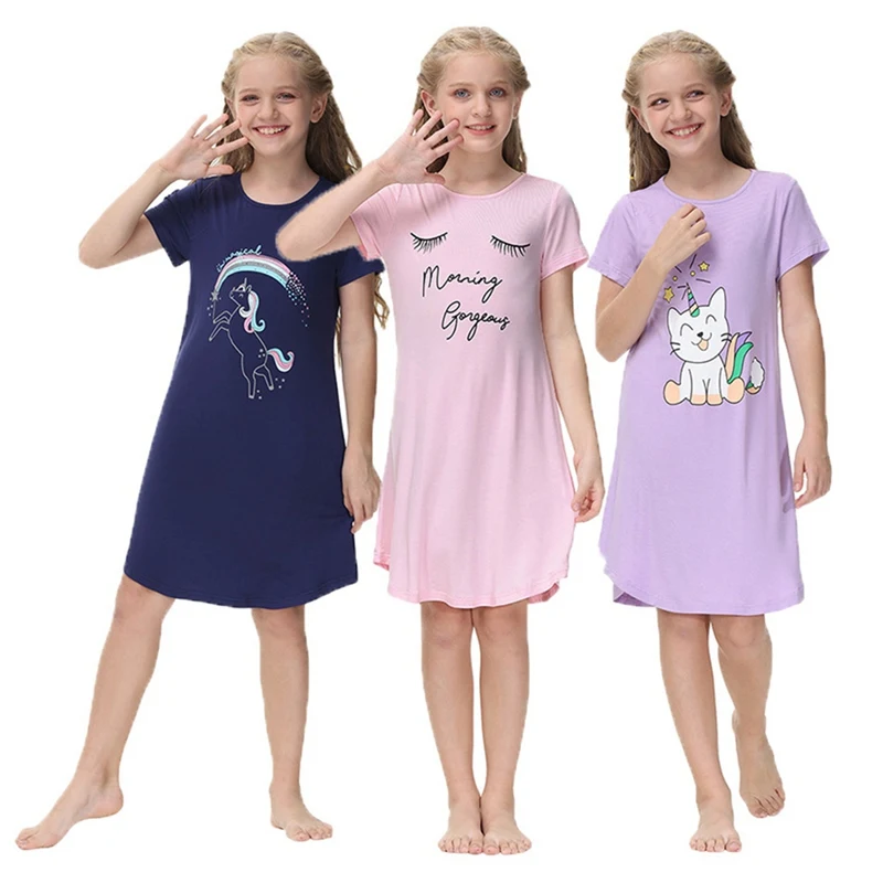 Summer-Kids-Pajamas-Solid-Soft-Round-Neck-Nightgown-with-Cute-Cartoon ...
