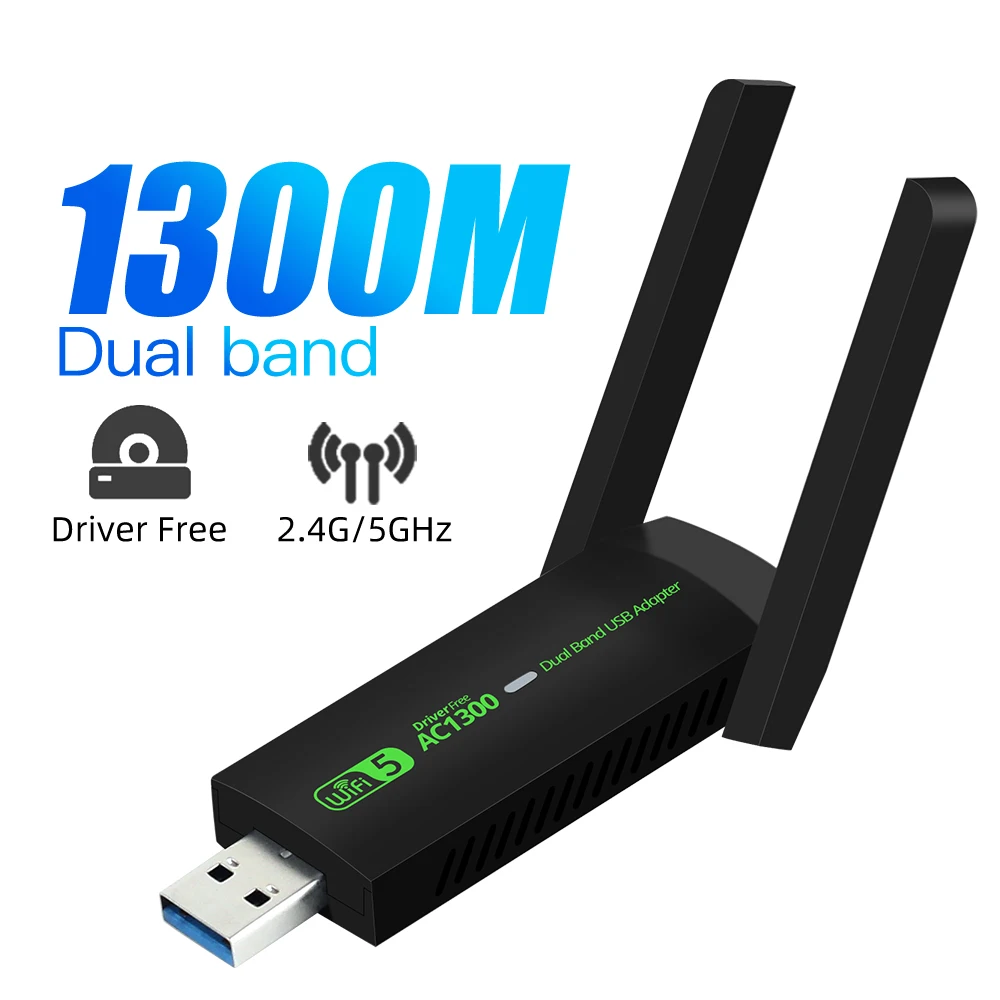 1300Mbps USB 와이파이 동글 무선 어댑터, 네트워크 카드, 듀얼 밴드 2.4G, 5Ghz 와이파이 수신기, 안테나 프리 드라이버, Windows용