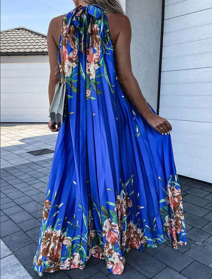 Lady-Casual-Loose-Halter-Pleated-Maxi-Dress-Women-Fashion-Leaf-Print ...