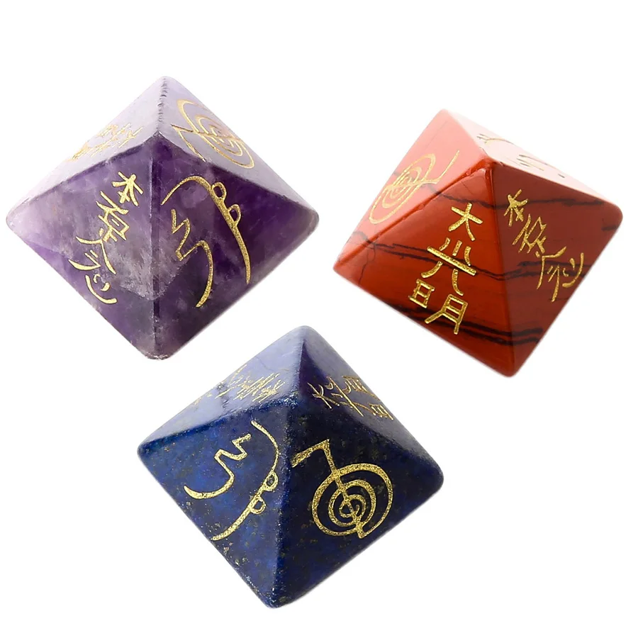 Natural Stone Reiki Symbol Pyramid Ornament Engraved Japan 4 Element ...