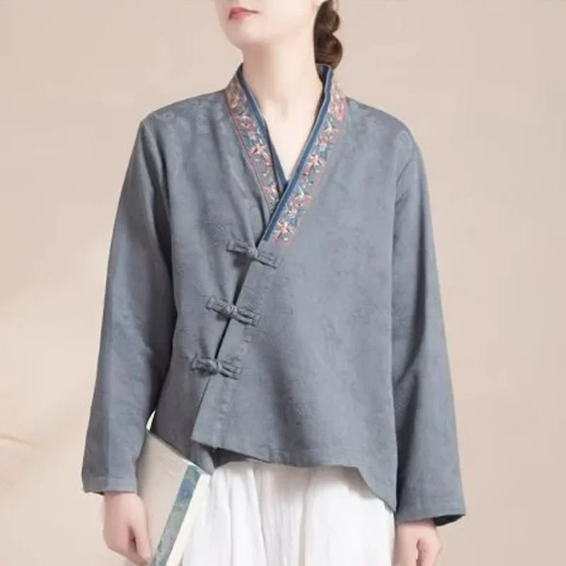 V-neck Long Sleeve Cotton Linen Women's Shirt Chinese Style Vintage ...