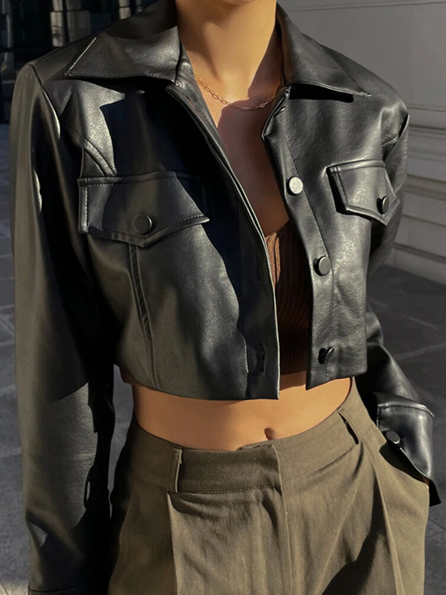 Women-Solid-Color-Crop-Leather-Jacket-Casual-Long-Sleeve-Button-Down ...