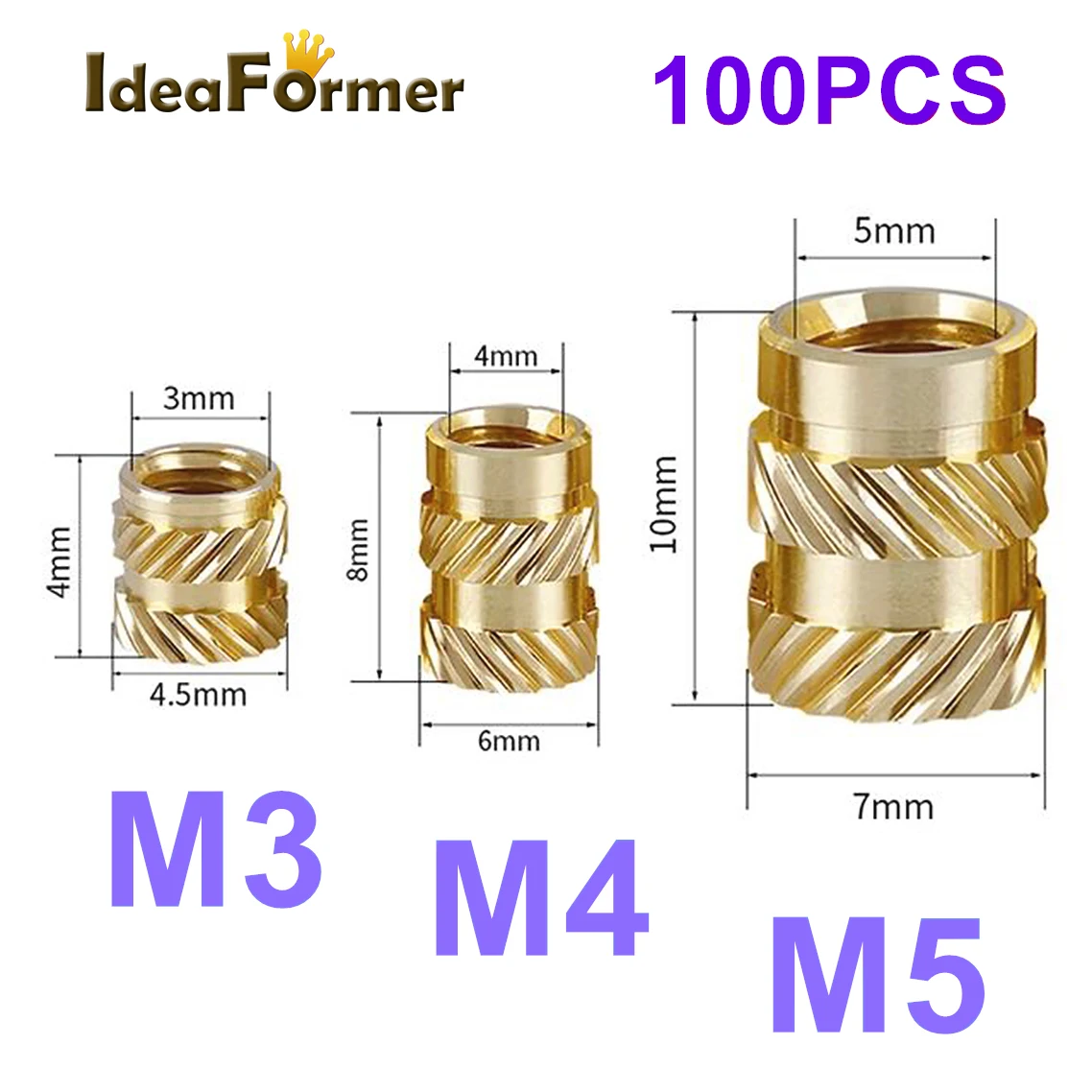 100pcs-Nut-M3-M4-M5-Thread-Knurled-Hot-Melt-Brass-Threaded-Heat-Set ...