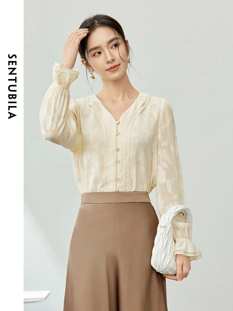 SENTUBILA-camisa-de-gasa-Jacquard-de-color-albaricoque-para-mujer-blusa ...