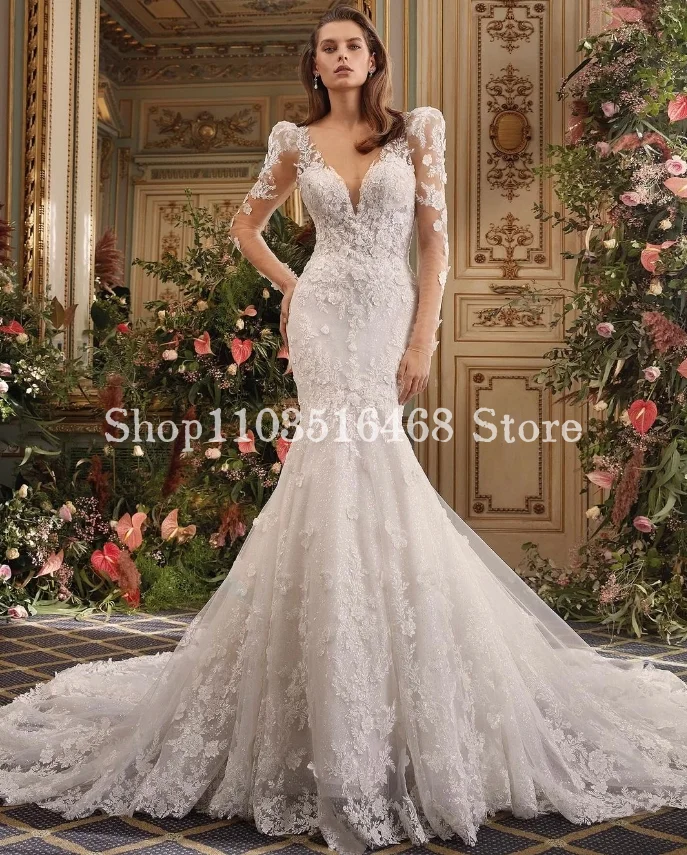 Elegante-vestido-de-novia-de-manga-larga-con-apliques-de-sirena-blanco ...