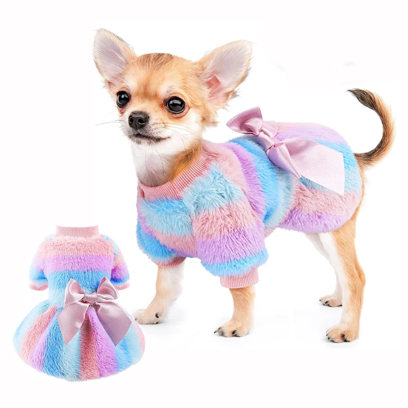 Rainbow Stripe Plush Princess Dog Dress for Small Dogs Girl Winter ...