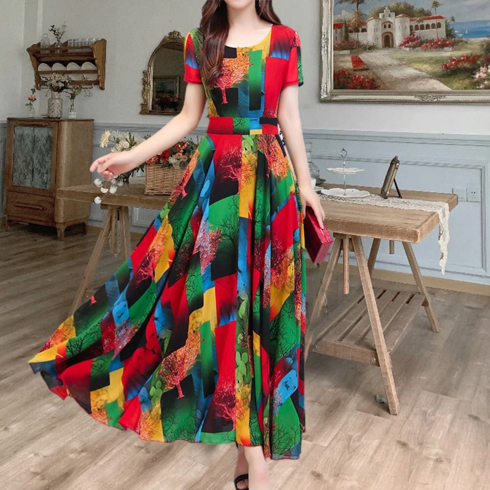 Beach Dress Short Sleeve Elegant Mid Waist A-line Long Dress Women ...