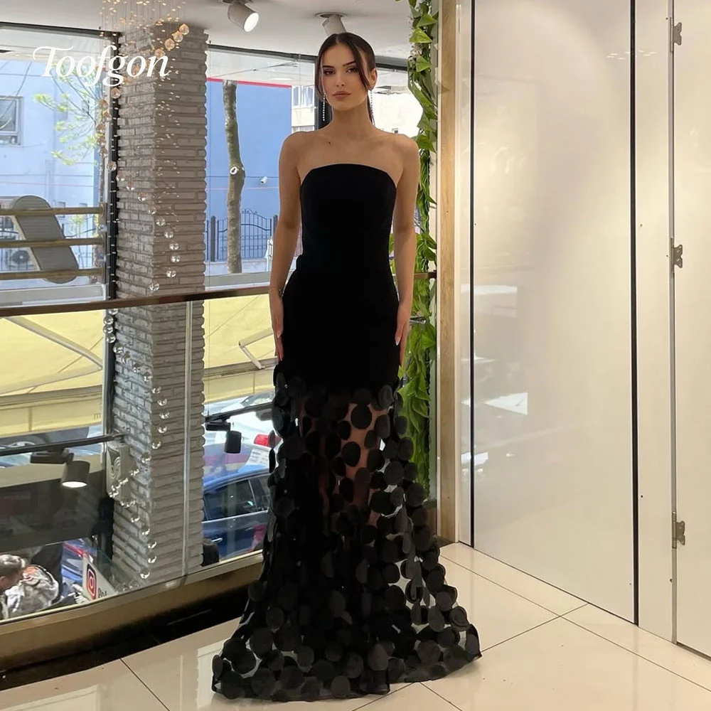 Toofgon Strapless Black Mermaid Long Evening Dresses Customized 3D Lace ...