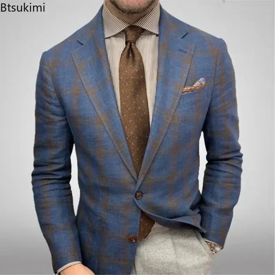 2026 Men's Plaid Blazer Jacket England Style Retro Long Sleeve Business ...
