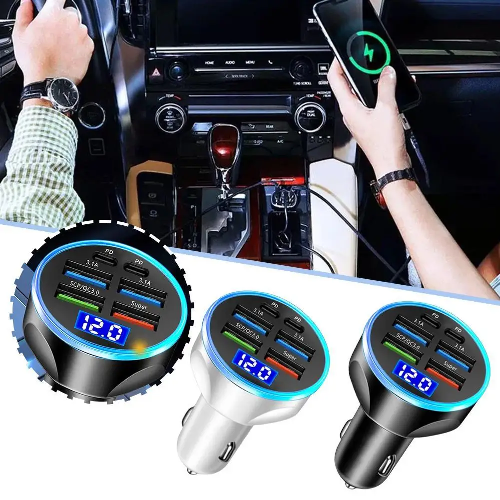 66W 6 in 1 USB Car Charger Type C 12V Cigar Jack Fast Charging Adapter ...