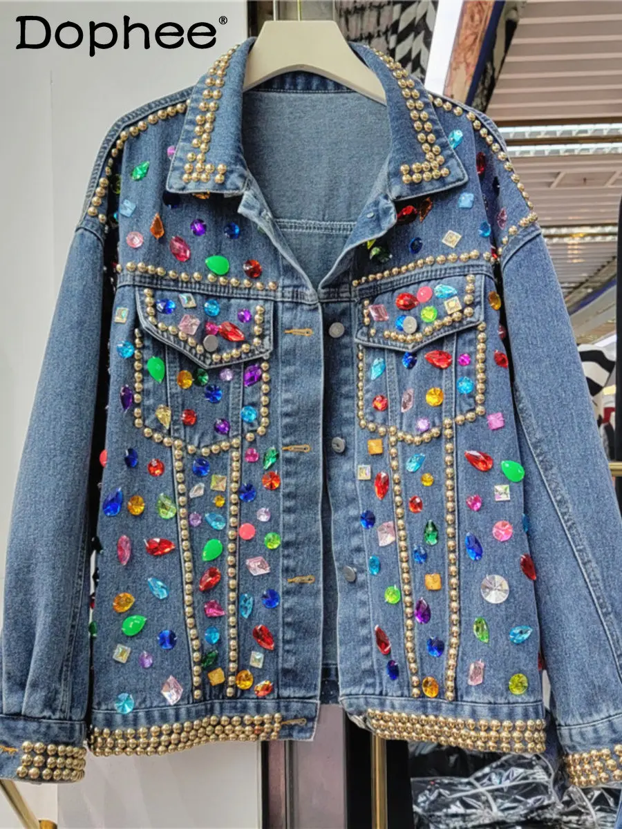 2023-Spring-New-Exquisite-Rhinestone-Colorful-Diamond-Denim-Jacket ...