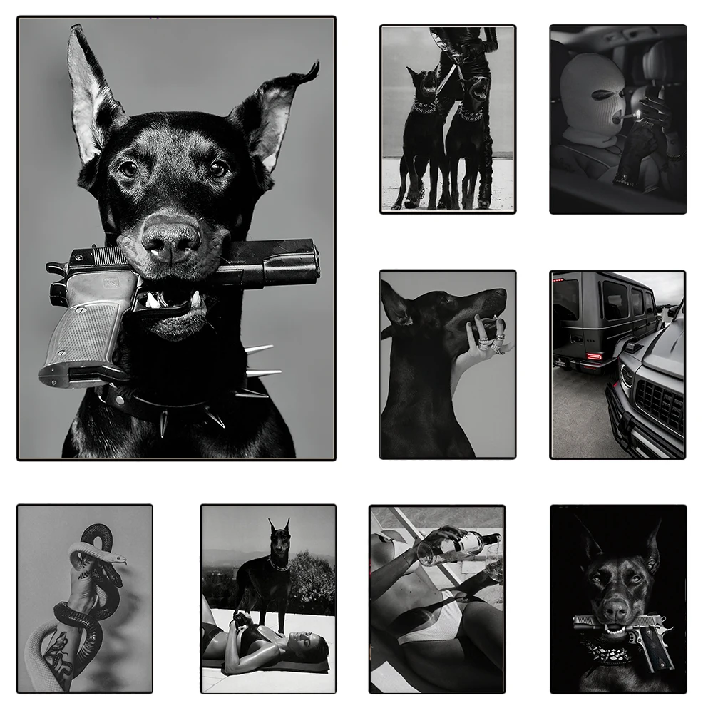 Hypebeast Modern Black White Doberman Gun Luxury Fashion Poster Leopard ...