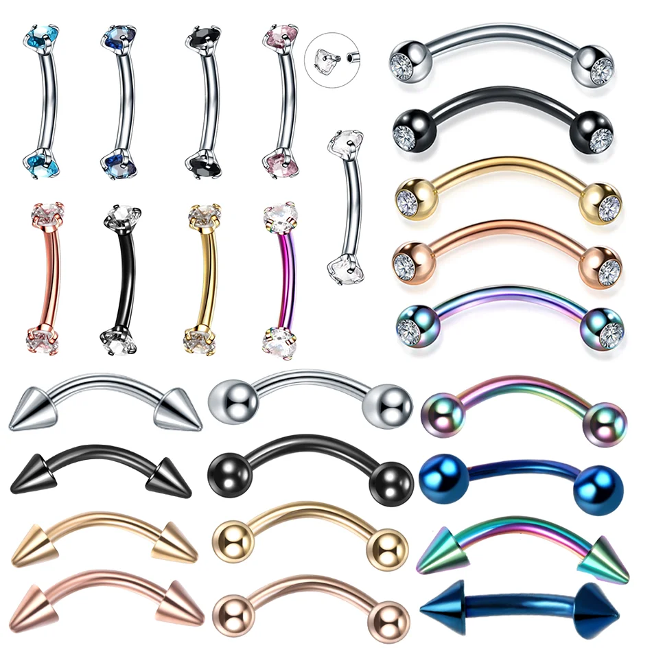 2PC-Stainless-Steel-Crystal-Eyebrow-Piercing-Stud-Curved-Barbell-Zircon ...