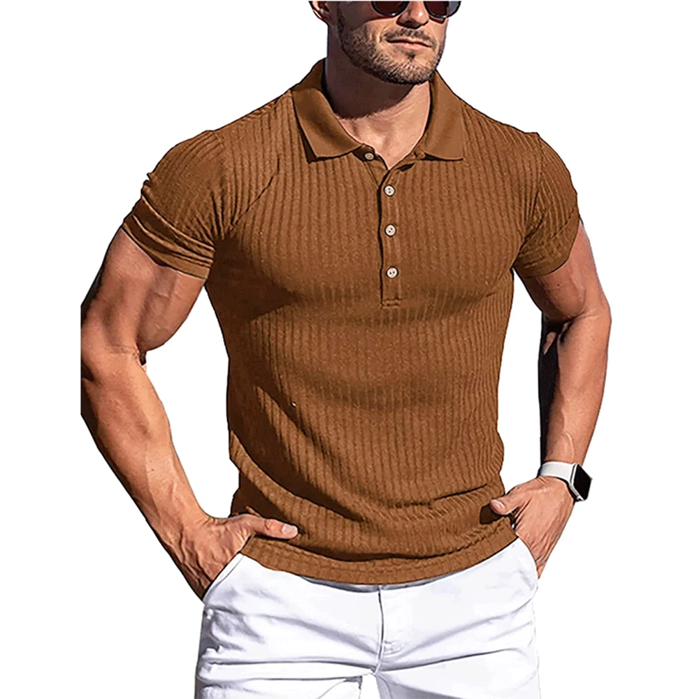 New Summer Polo Men Solid Stripe Fitness Elasticity Short Sleeve Polo ...
