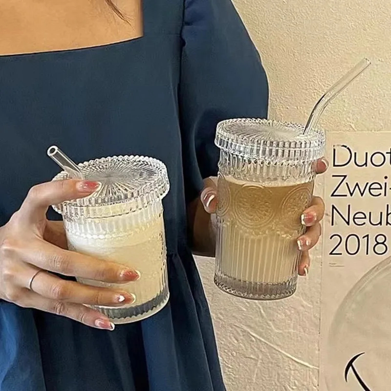 Ins-Wind-Glass-Retro-Embossed-Sunflower-Water-Cup-with-Lid-and-Straw ...