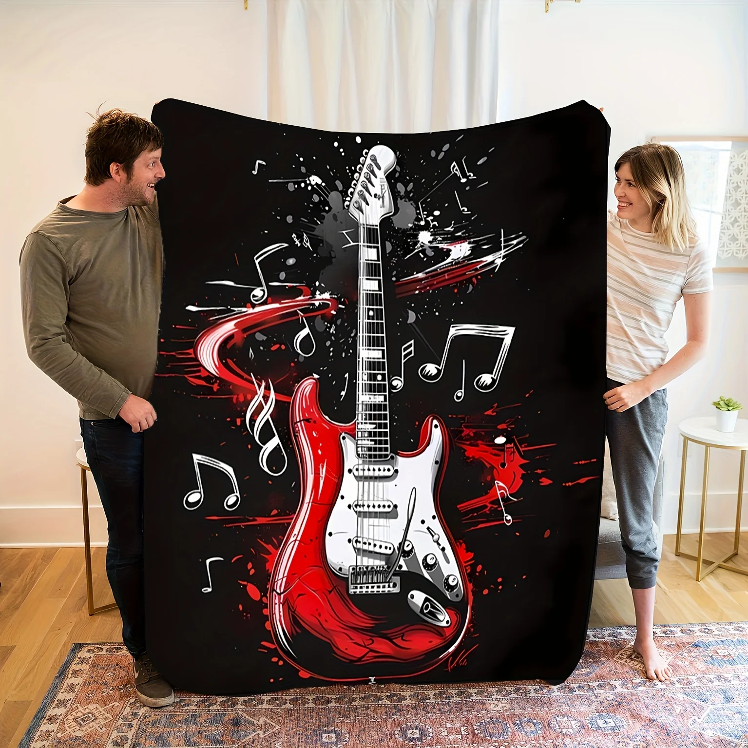 Rock Guitar Flannel Blanket – Modern Black Red Throw – Soft Warm All ...