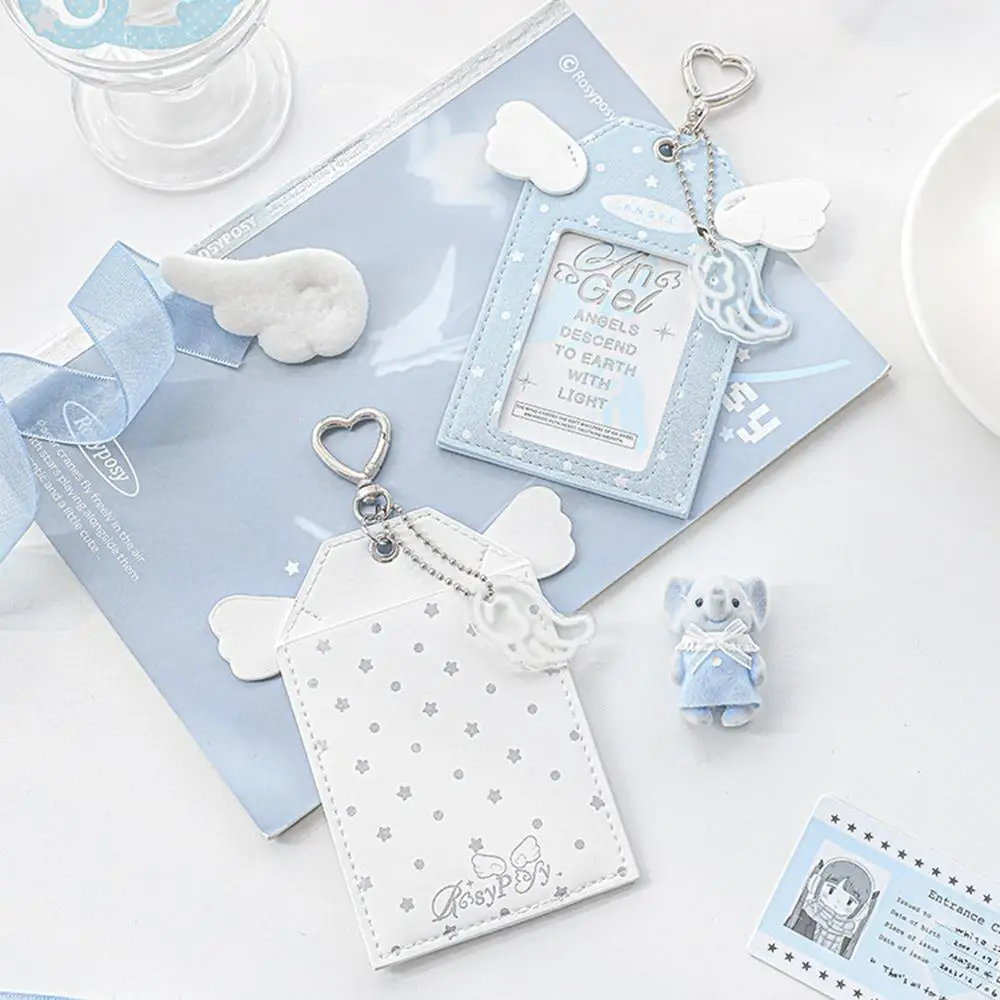 Ins Angel Wing PU Leather Card Holder Set Chain Cute Badge Protector ...