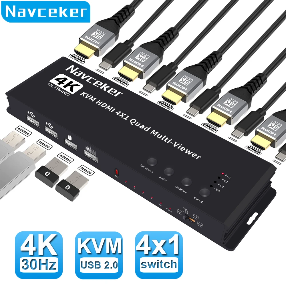 Navceker KVM HDMI compatible Multiviewer 4K 4 In 1 Out 1080P Quad ...