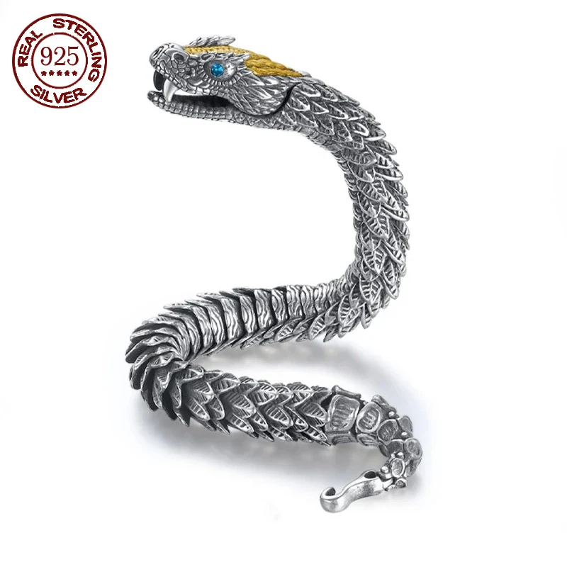 Real-Solid-S925-Silver-Viking-Gothic-Black-Gun-Python-Men-Snake ...