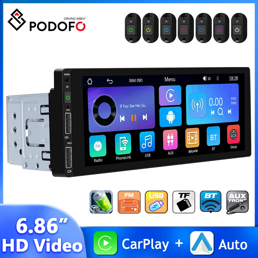 Podofo-Leitor multimídia carro universal, rádio MP5, 1Din, Carplay sem fio, Android Auto ...