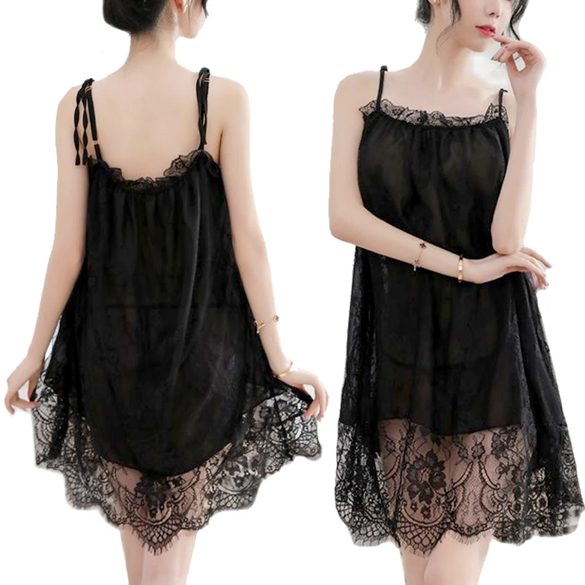 Camisón de encaje rosa con hombros descubiertos para mujer, lencería Sexy, pijama suelto, ropa ...