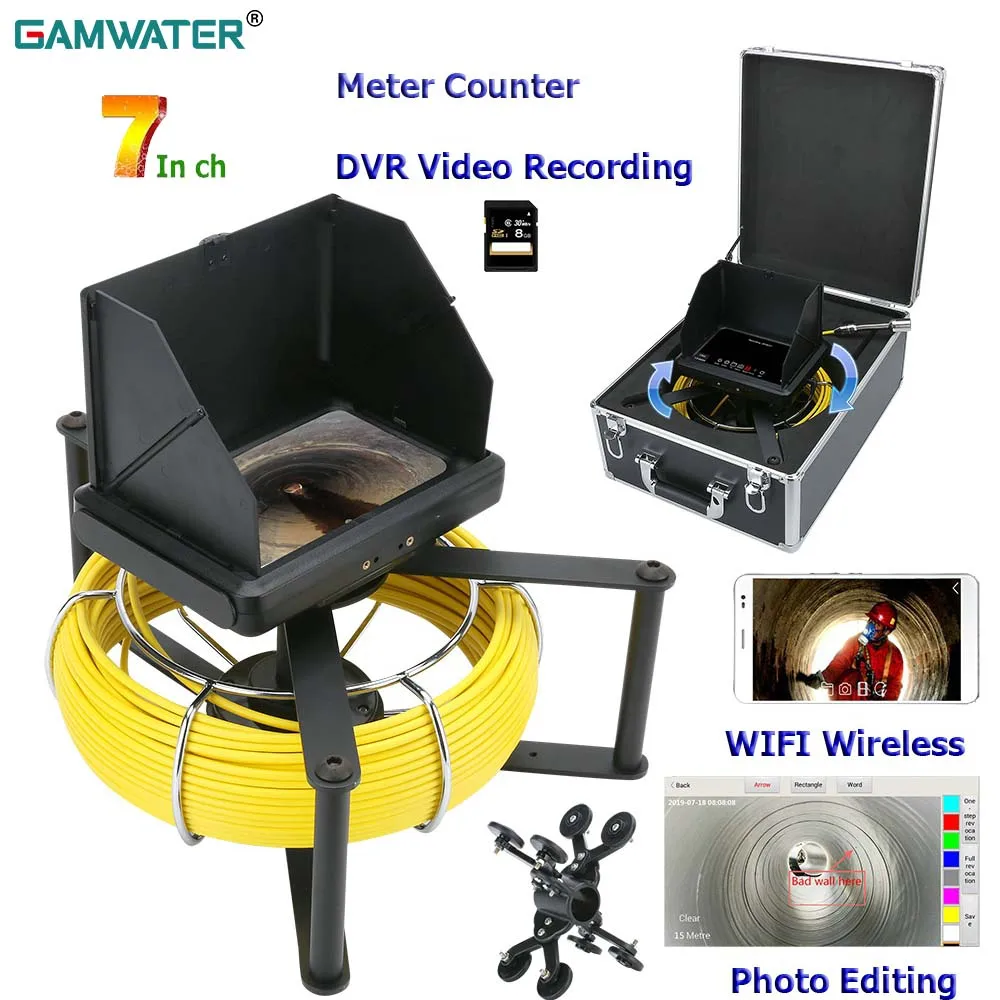 GAMWATER DVR IPS 와이파이 하수관 검사 카메라, 미터 카운터, 하수구 배수 산업용 내시경 시스템, HD 1080P ...