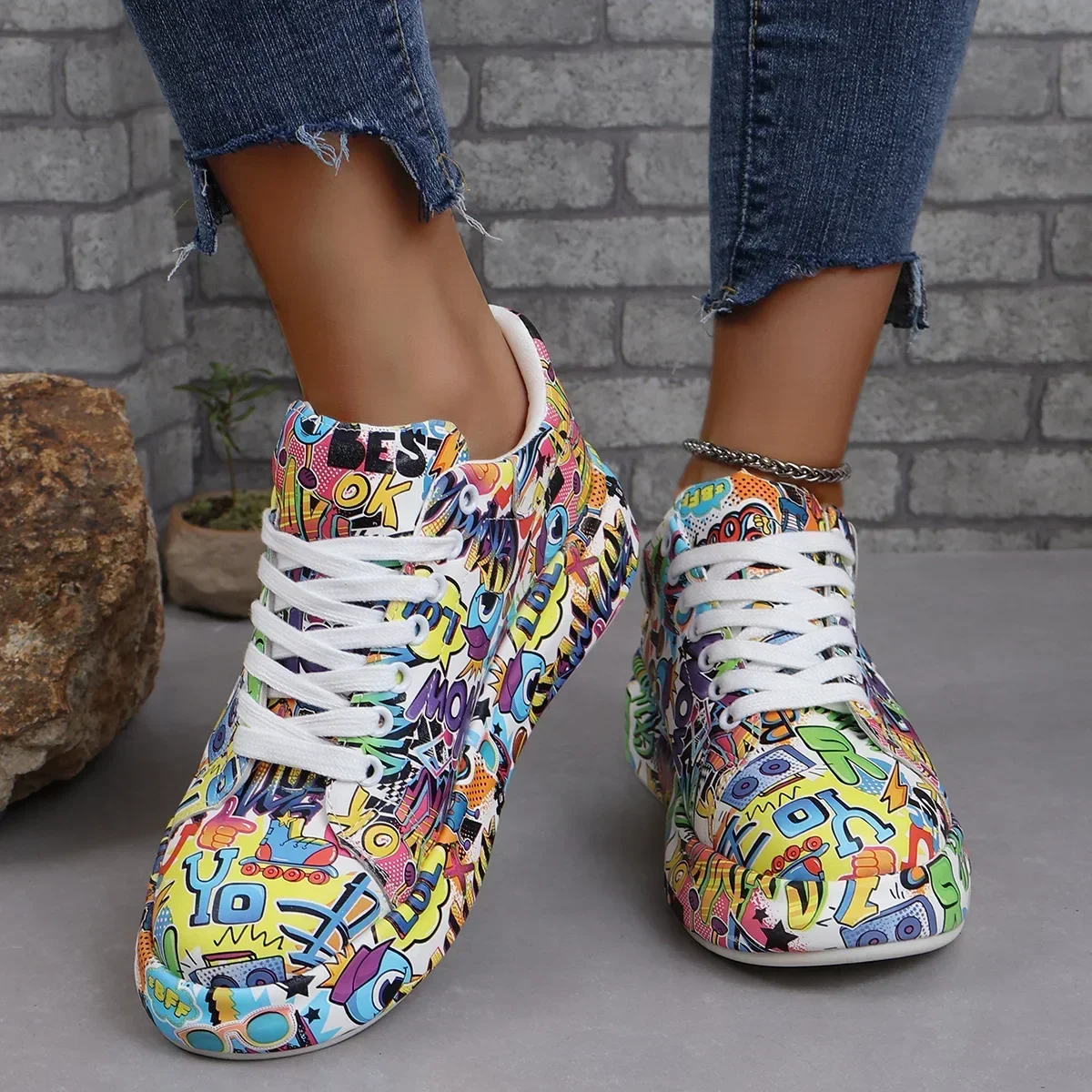 Women Fashion Thick Sole Casual Shoes New Trendy Graffiti Single Shoes ...