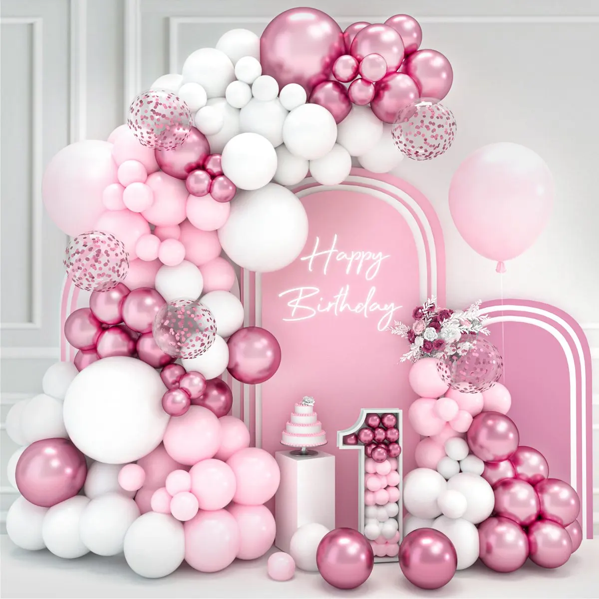 Macaron Pink Balloons Garland Arch Kit White Metal Pink Rose Gold ...