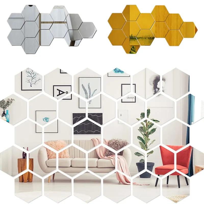3D Mirror Wall Sticker Hexagon Acrylic Self Adhesive Tile Decals Honey ...