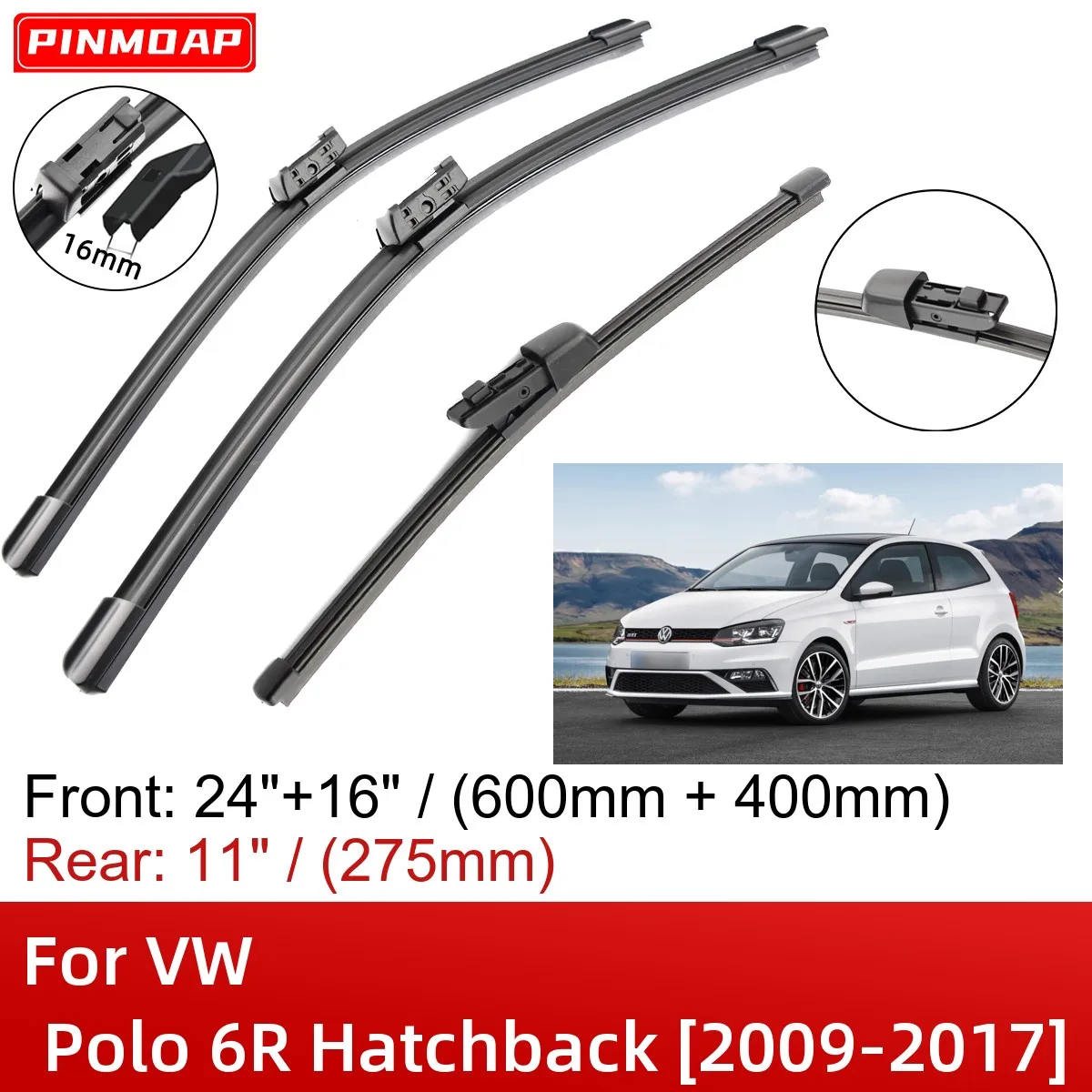 For Vw Polo 6r Hatchback 2009-2017 24"+16"+11" Front Rear Wiper Blades ...