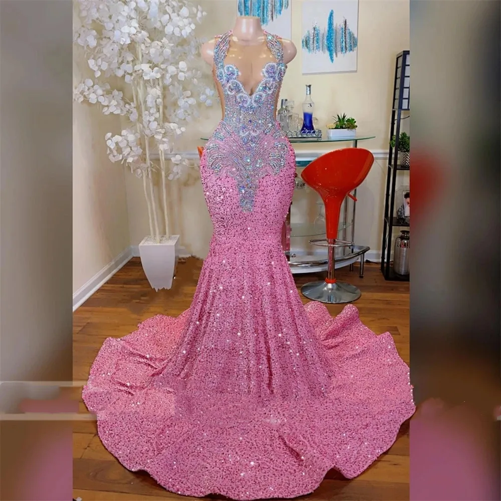 Luxury-Pink-Prom-Dresses-Crystal-Velour-Sequins-Mermaid-Black-Girls ...