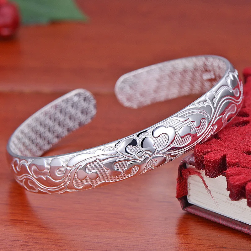 925 Sterling Silver Women's Fashion Decorative Pattern Bracelets Cuff ...