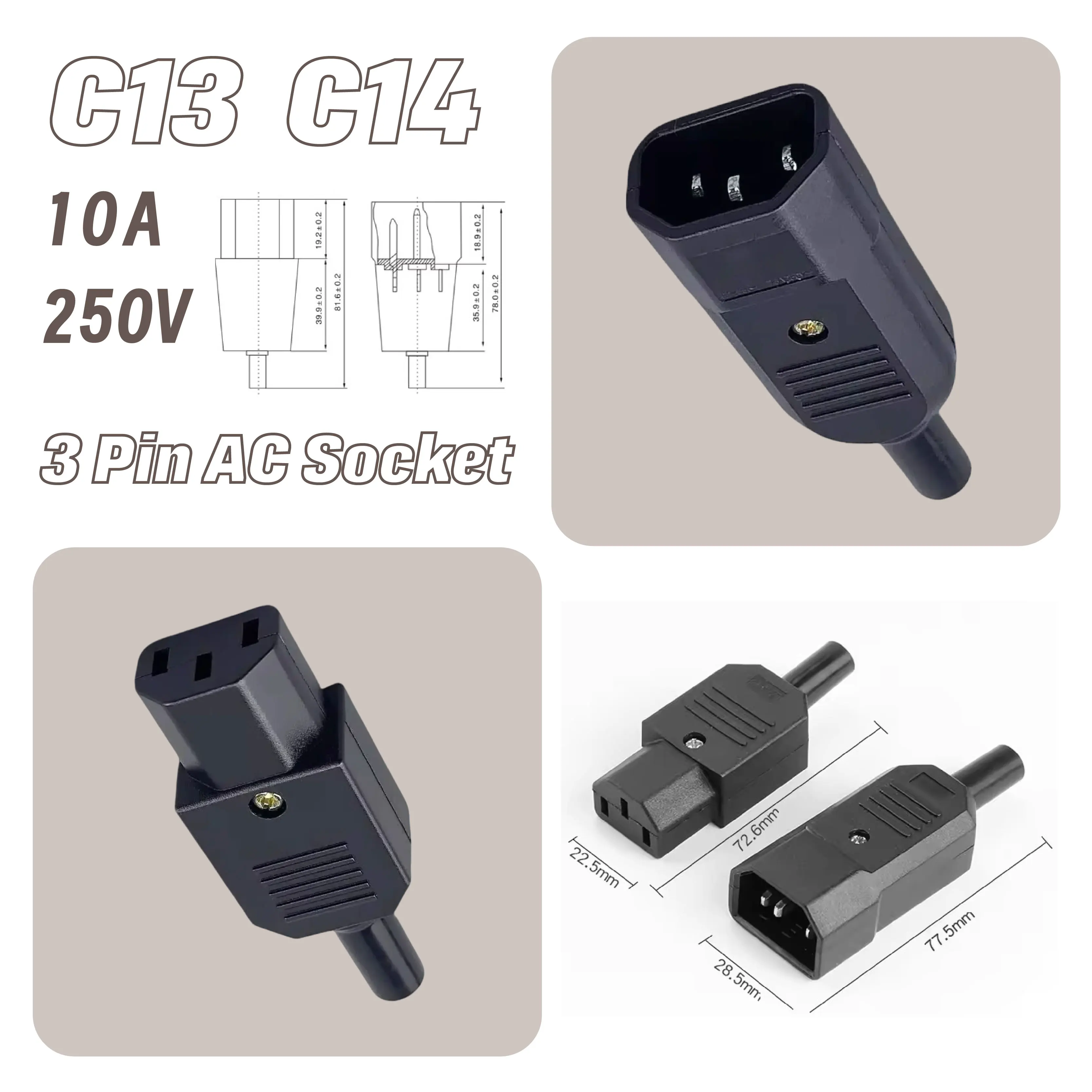 Conector Rewirable IEC C13 y C14 10A 250V enchufe macho y hembra de 3 ...