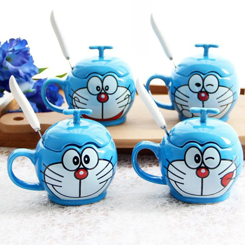 350ml Couple Ceramic Mug With Lid And Spoon Simple Cartoon Doraemon Mug ...