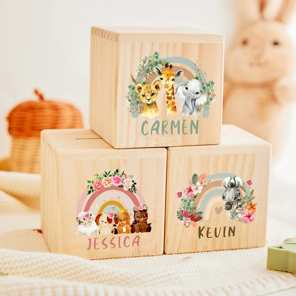 Personalized-Money-Box-Rainbow-Safari-Animals-with-Name-Wooden-Money ...
